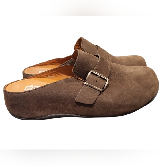 Fitflop | Shoes | Fitflop Brown Leather Buckle Slip On Clogs Mules ...